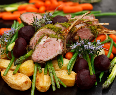 Mike Bassett’s rack of lamb with roast potatoes and vegetables Recipe ...